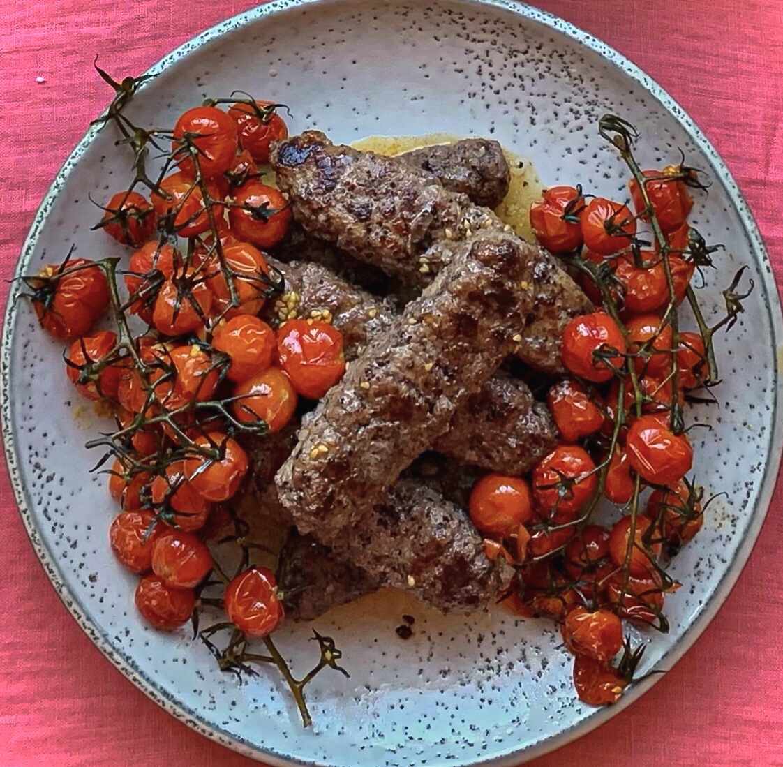 Kabab Tabei (Pan-Cooked Kofte Kebabs with Roasted Tomatoes)