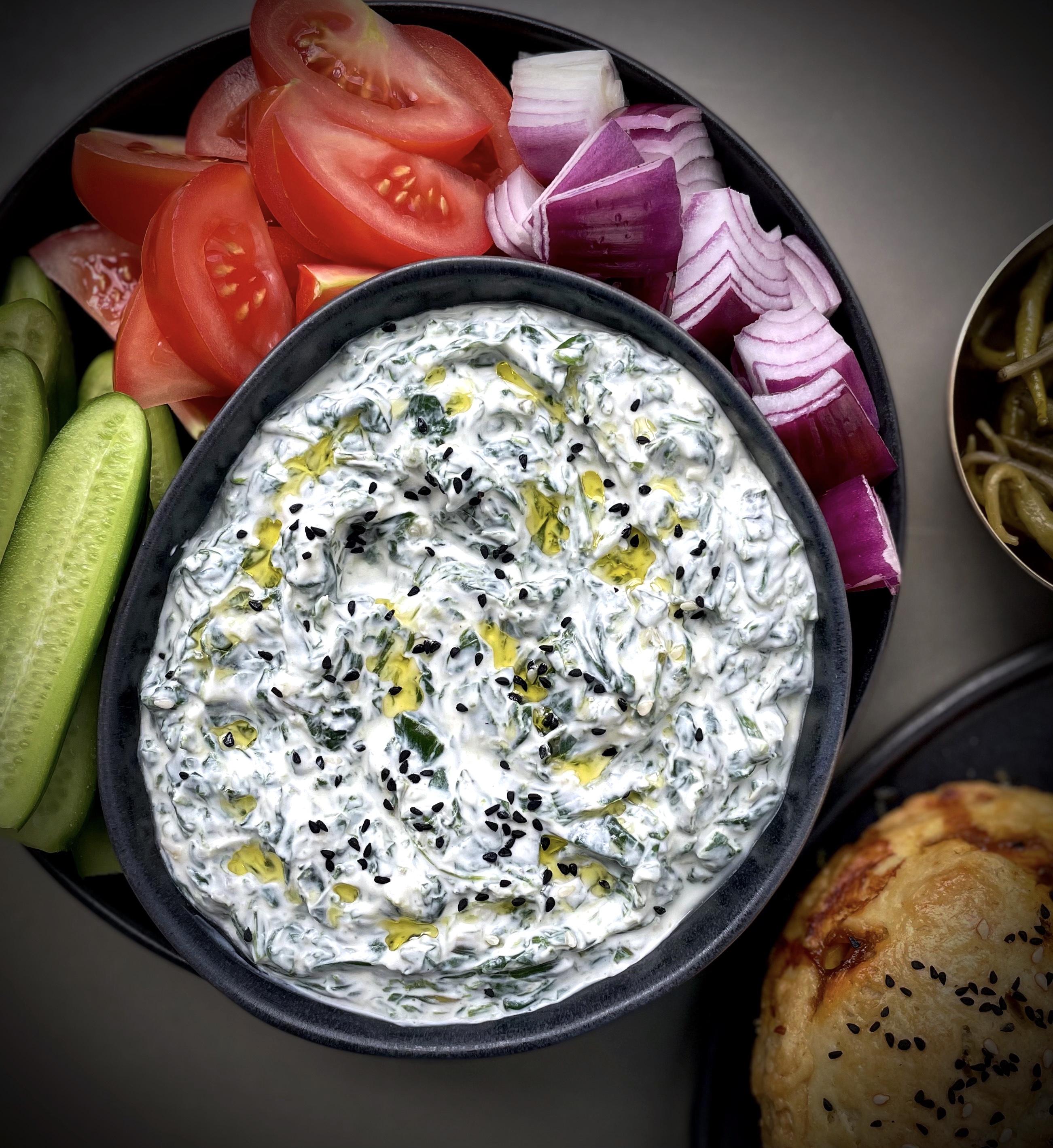 Spicy Halloumi Pasties served with Borani Esfenaj – Saffron & Herbs